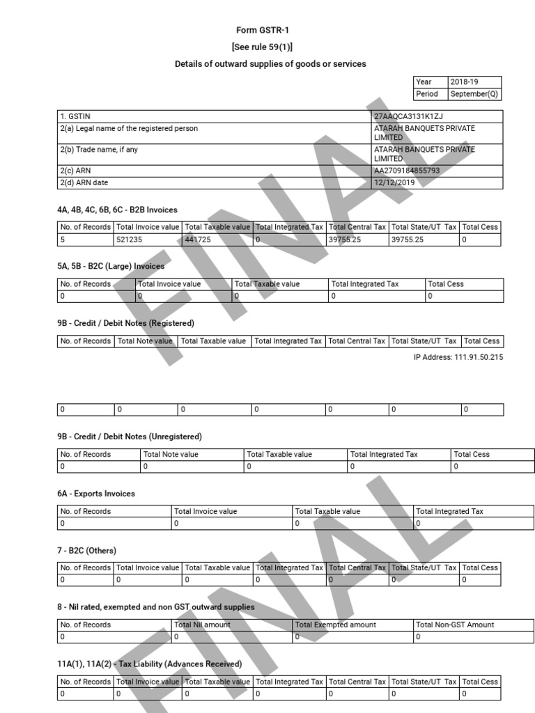 GSTR-1 Form Submission Details | PDF | Invoice | Taxes