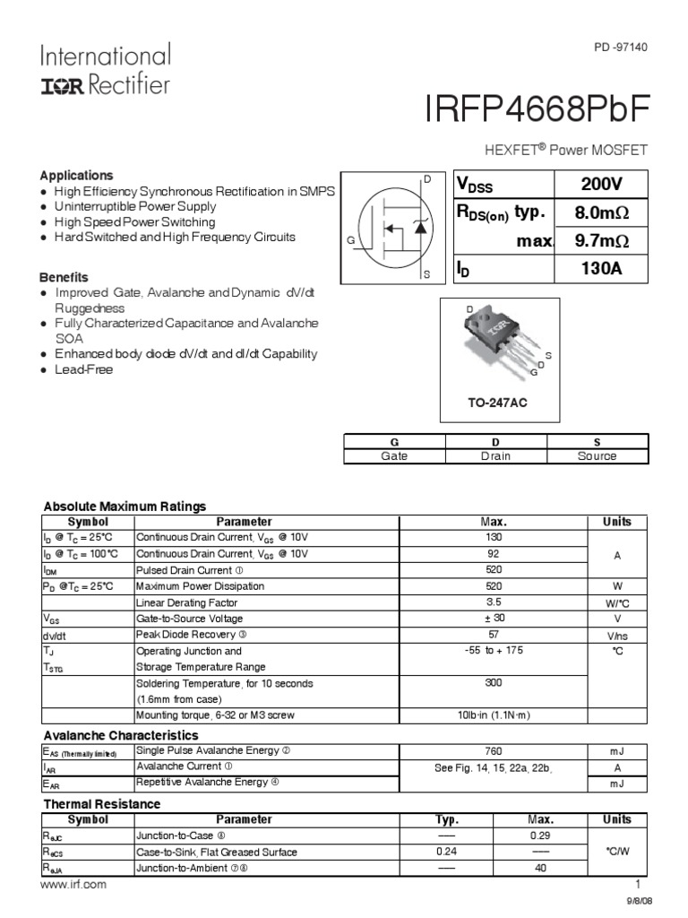 Irfp4668Pbf: V 200V R Typ. 8.0M: Max. 9.7M: I 130A | PDF | Field Effect ...