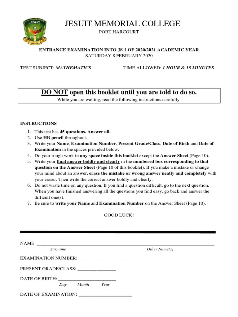 JMC Port Harcourt Entrance Exam 2020 | PDF | Area | Test (Assessment)