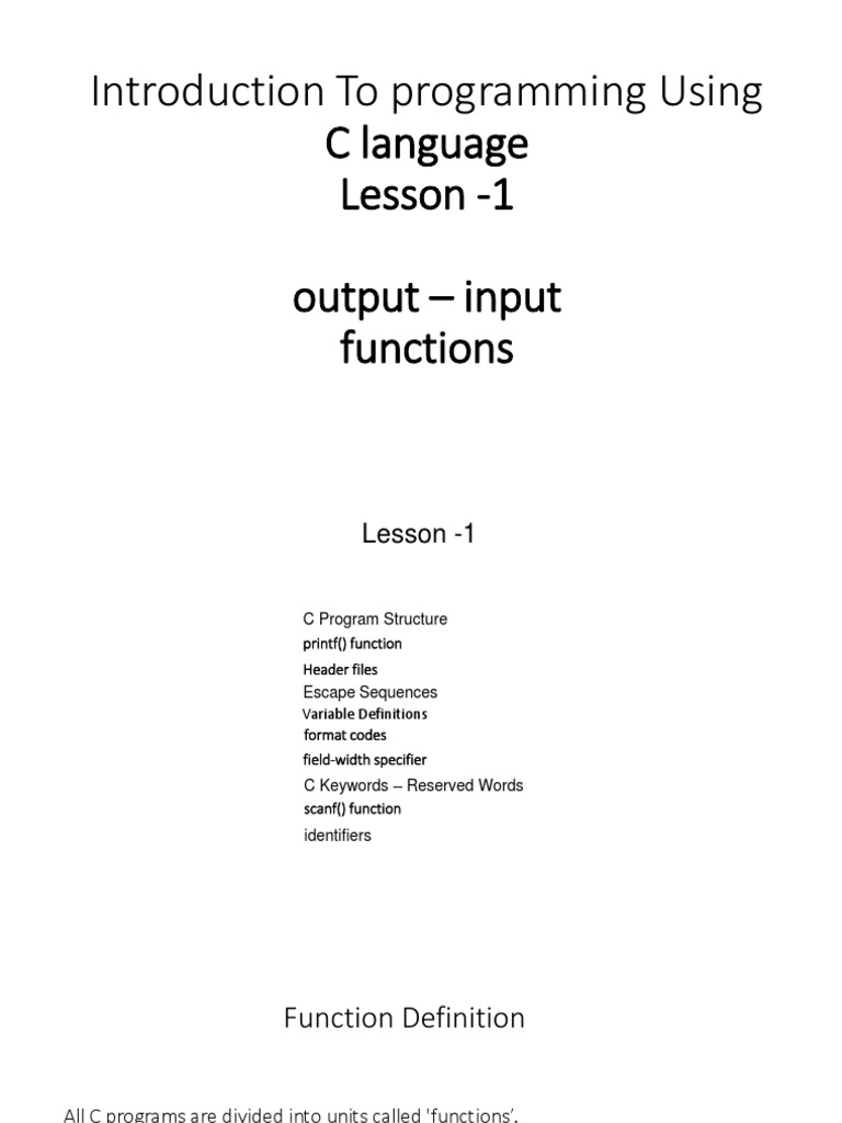 Introduction To Programming Using C Language Lesson 1 Output Input Functions Pdf Integer 1205