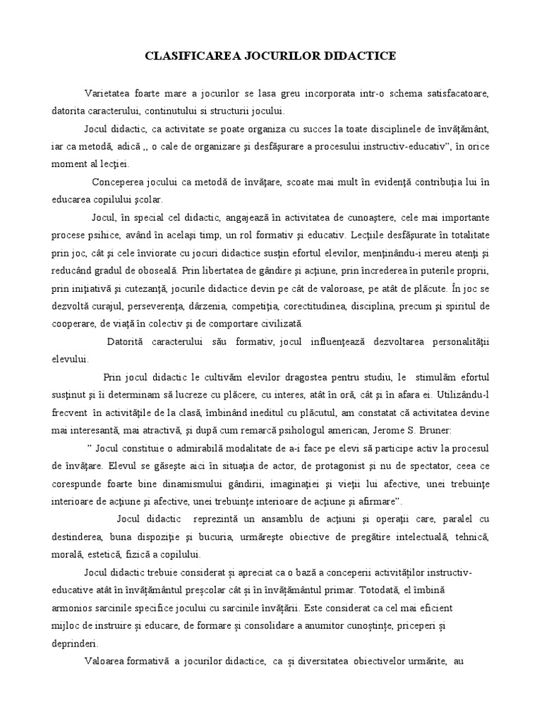 Clasificarea Jocurilor Didactice | PDF