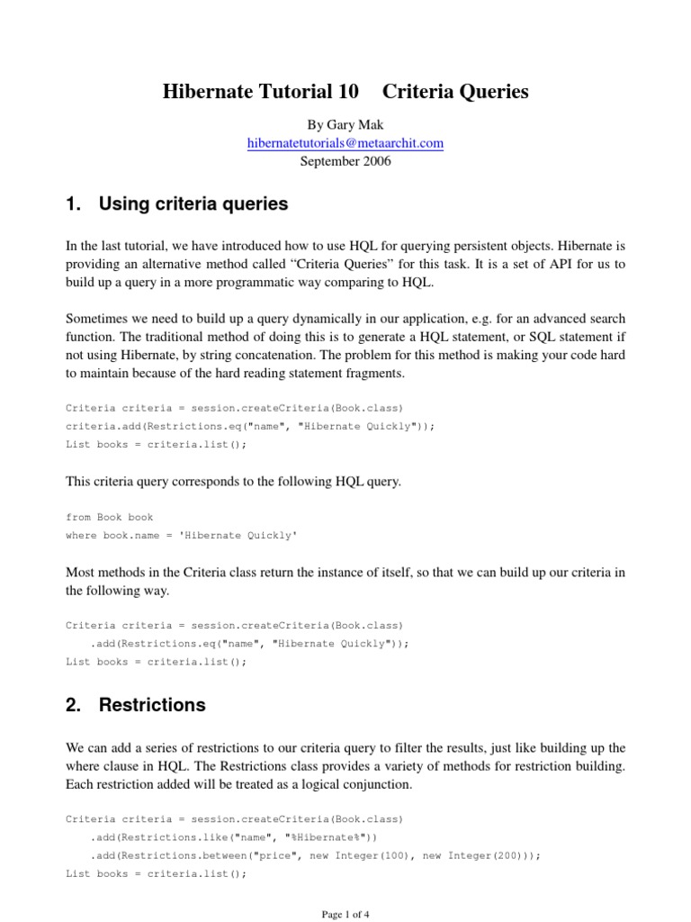 Hibernate Tutorial 10 Criteria Queries | PDF | Object Oriented ... Hibernate Tutorial 10 Criteria Queries | PDF | Object Oriented ...