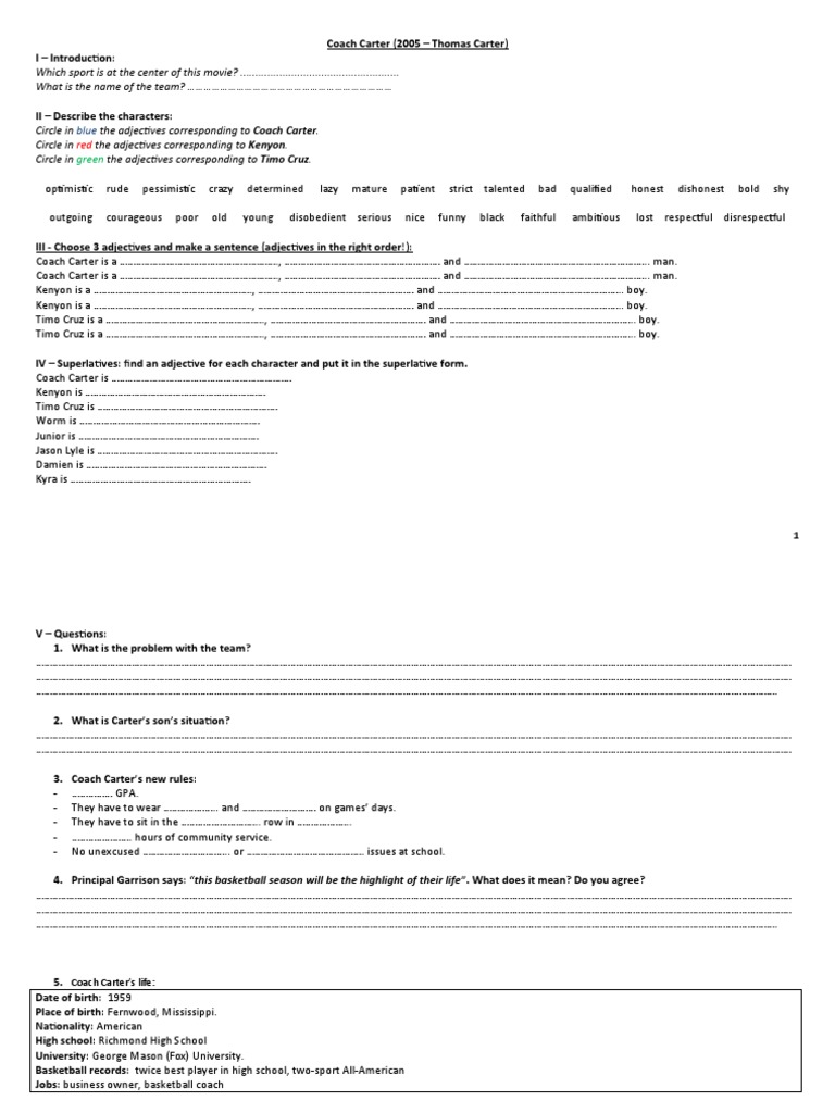 Coach Carter Worksheet | PDF