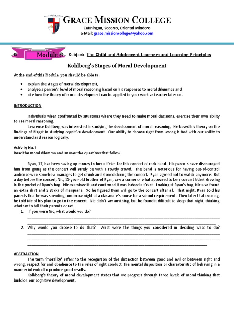 Module 8 Kohlbergs Stages Of Moral Development Pdf Morality