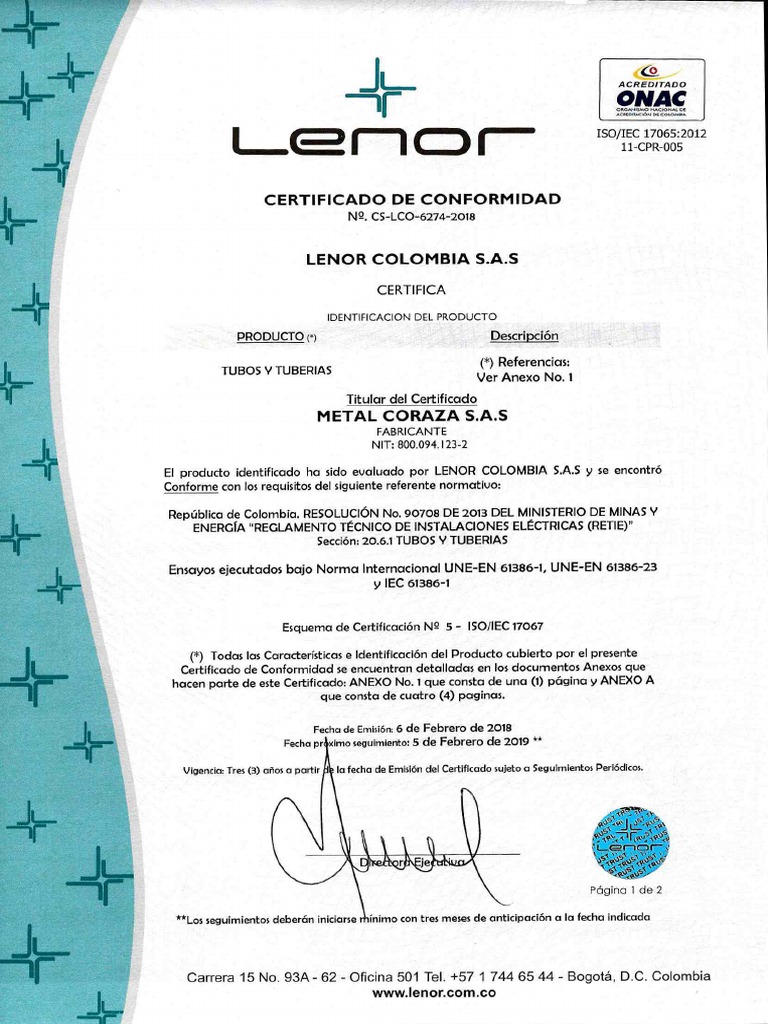 Certificado-Retie - Cora Flex | PDF