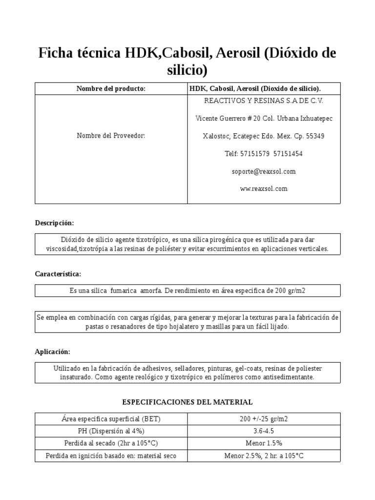 Ficha Técnica HDKCabosil Aerosil Dióxido de Silicio | PDF