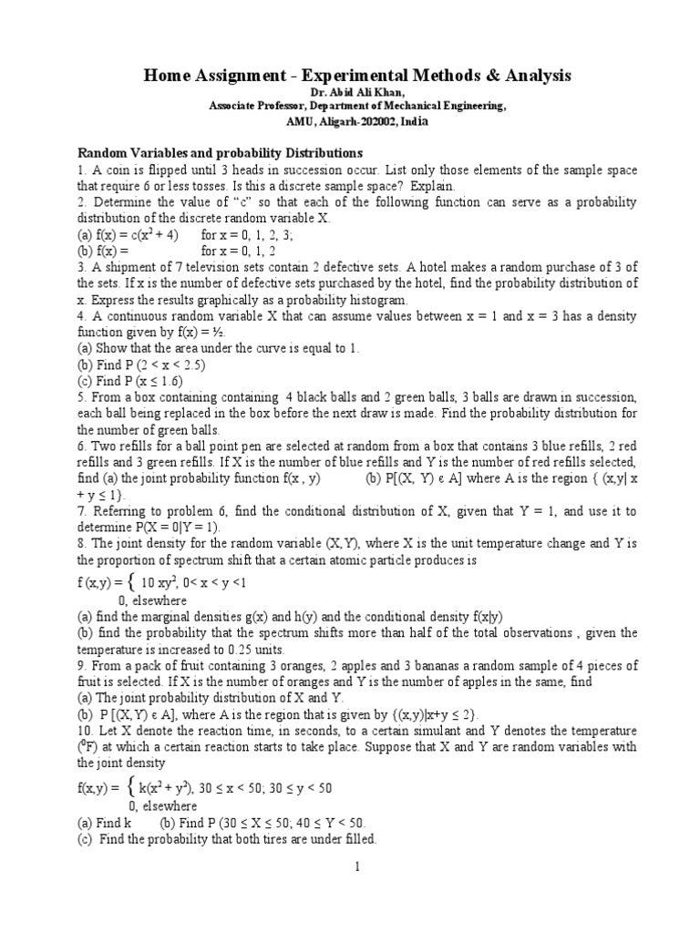Home Assignment - Experimental Methods & Analysis: Ia Random Variables ...