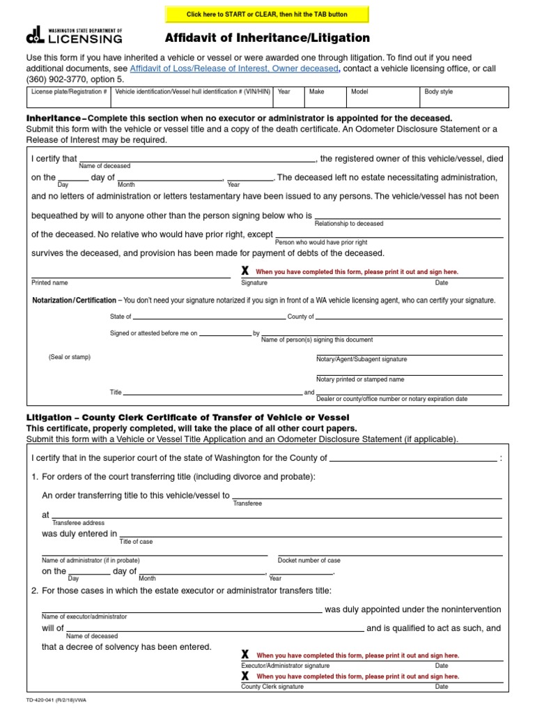 Affidavit of Inheritance/Litigation: Affidavit of Loss/Release of Interest, Owner Deceased | PDF ...