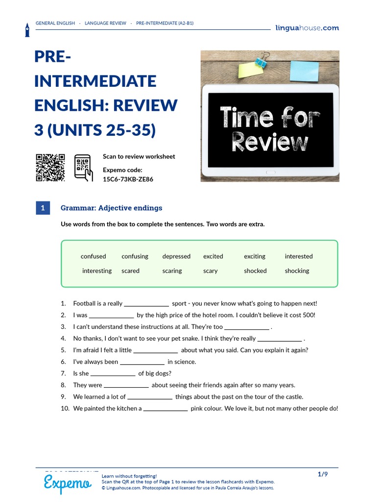 Pre-Intermediate English: Review 3 (UNITS 25-35) : Grammar: Adjective ...