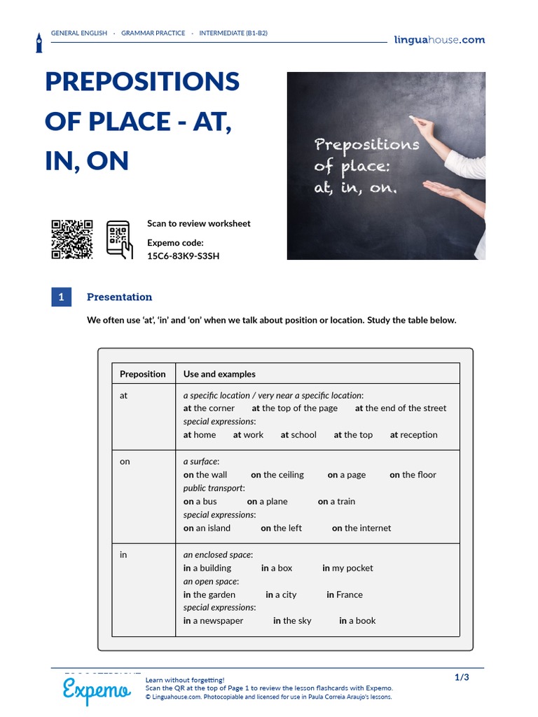 Prepositions of Place at in On British English Teacher Ver2 | PDF