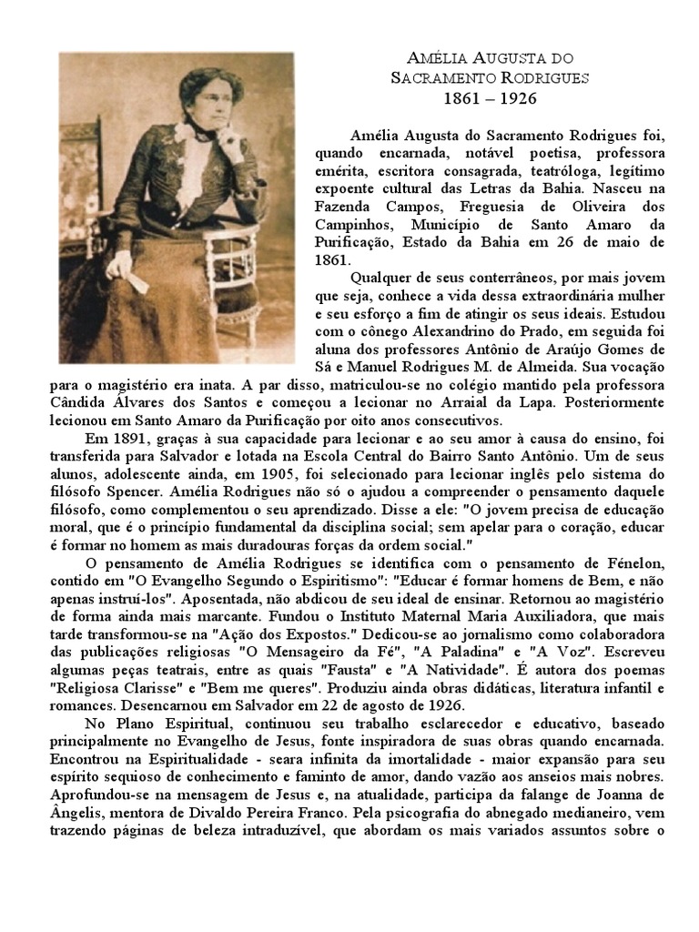 Perfil biográfico de Amélia Augusta do Sacramento Rodrigues, notável educadora e escritora ...