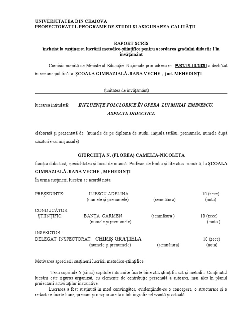 RAPORT LUCRARE Giurchița (Florea) N. Camelia Nicoleta | PDF