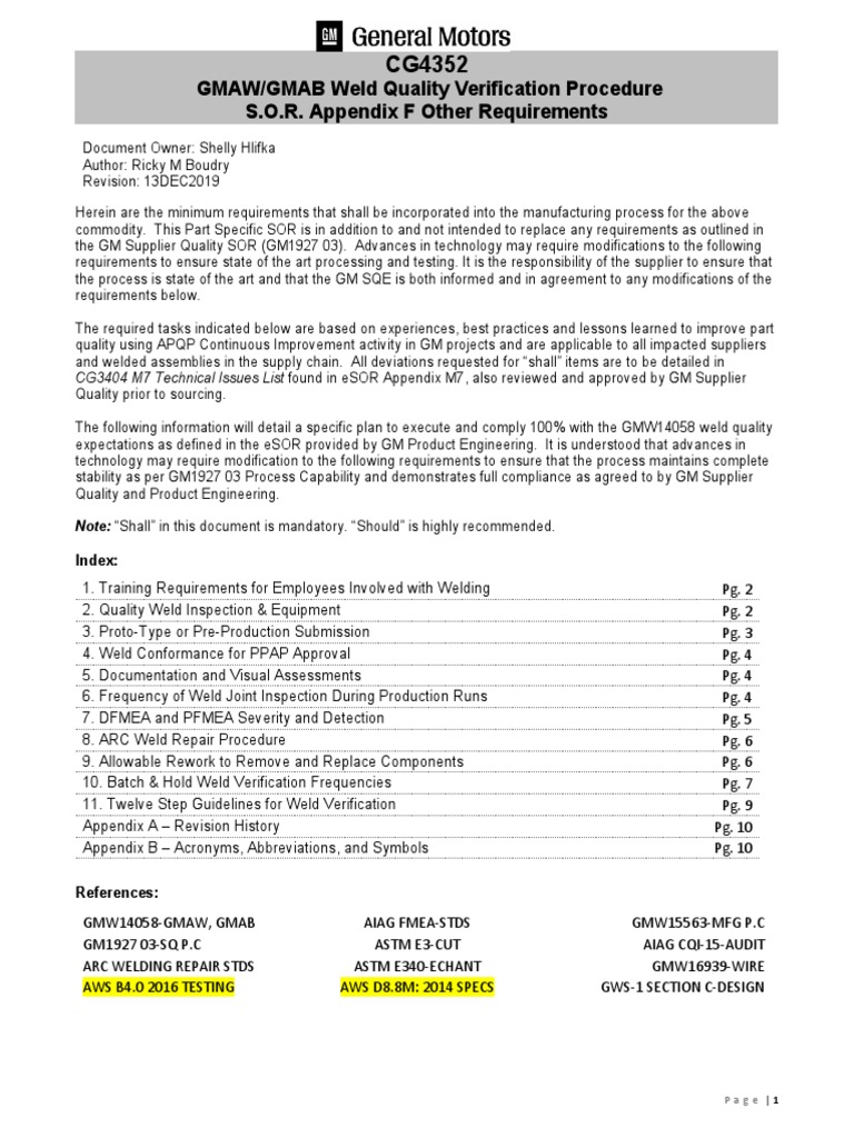 CG4352 GM1927 03a Gas Mig Braze Weld Quality Verification Procedure | PDF | Welding | Construction