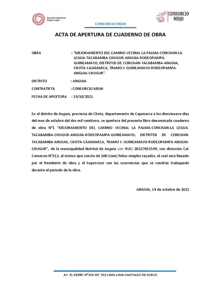 Acta de Apertura de Cuaderno de Obra | PDF