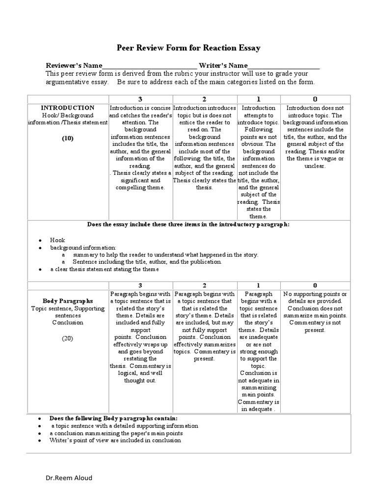Peer Review Form For Reaction Essay | PDF | Essays | Punctuation