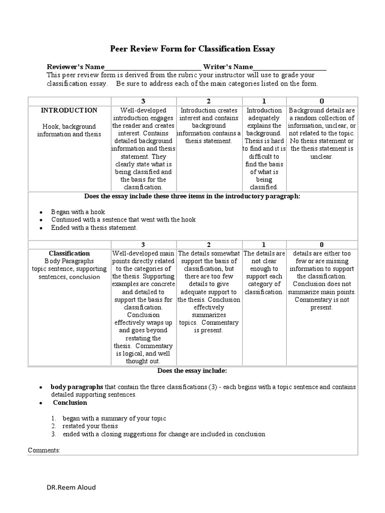 Peer Review Form For Classification Essay | PDF | Essays | Thesis