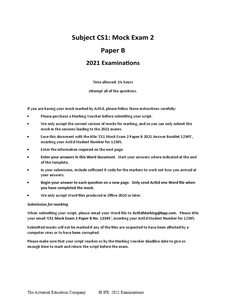 CS1 Mock Exam 2 Paper B 2021 Answer Booklet 12345 | PDF | Test ...