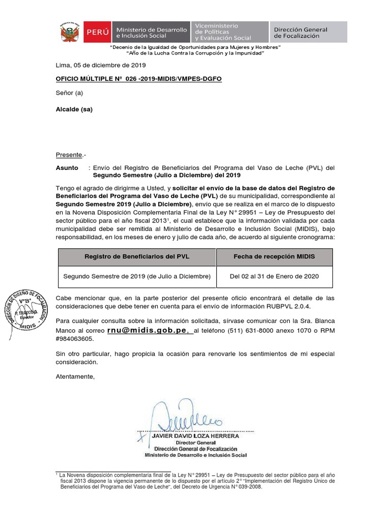 PVL - Oficio Multiple #026 - 2019 - MIDIS - VMPES - DGFO | PDF | Internet | Informática