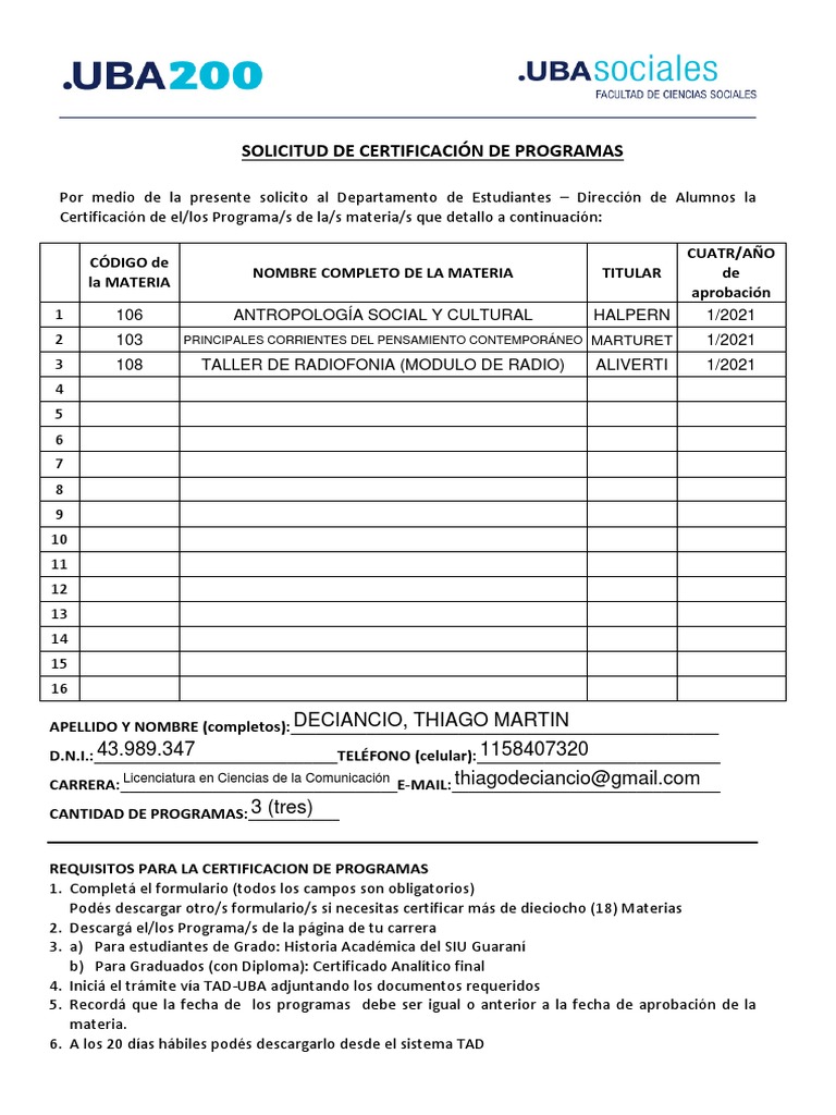 Formulario Solicitud de Certificacion de Programas COMPLETO | PDF