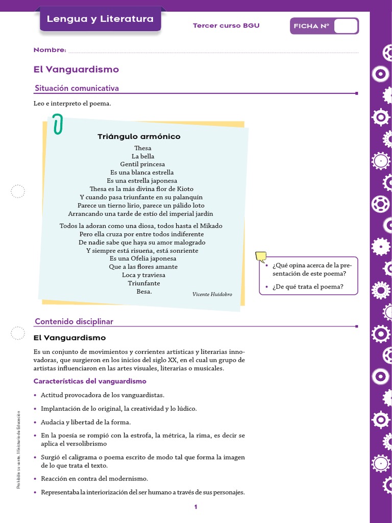 EJEMPLO FICHA 3ERO - Lengua-Y-Literatura 3BGU El-Vanguardismo | PDF | Poesía | Vanguardia