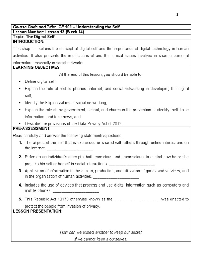 Topic: The Digital Self: Course Code and Title: GE 101 - Understanding ...