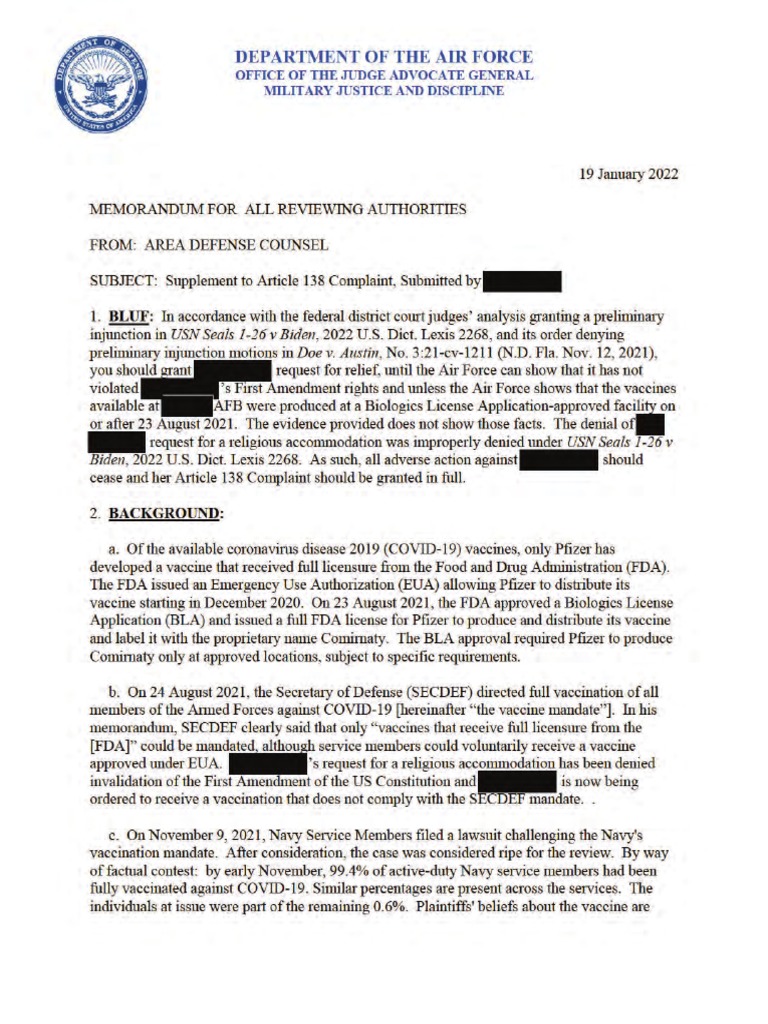 Air Force Memo From Area Defense Counsel Re Grant The Exemption 1-19-22 ...