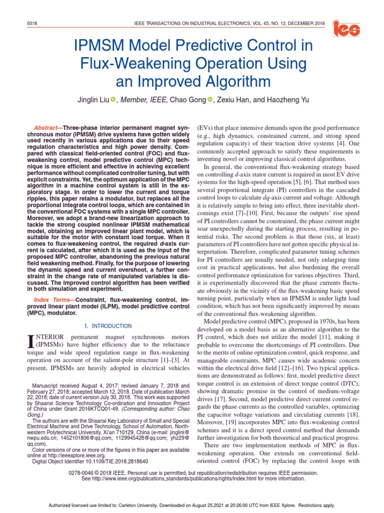 IPMSM Model Predictive Control in Flux-Weakening Operation Using An Improved Algorithm | PDF ...