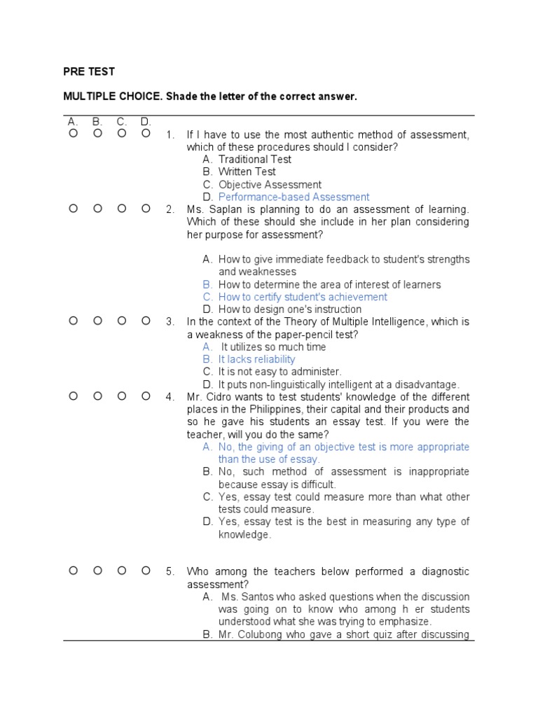 Pre Test MULTIPLE CHOICE. Shade The Letter of The Correct Answer | PDF ...