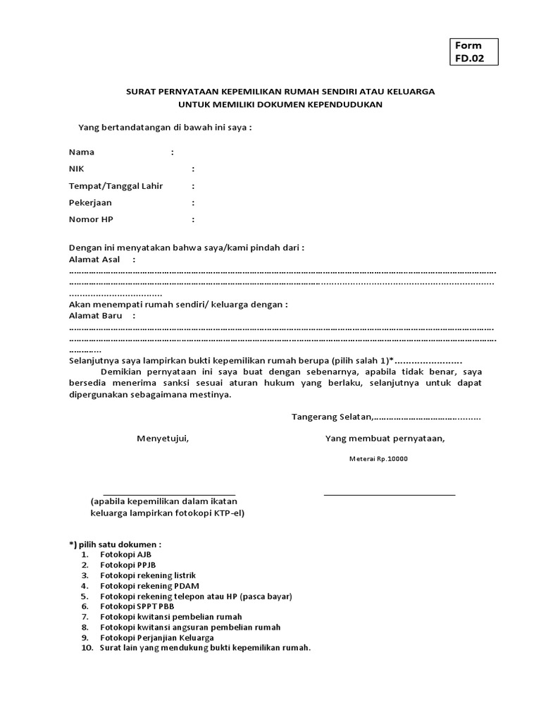 Formulir Pernyataan Rumah Sendiri (Fd.02) | PDF