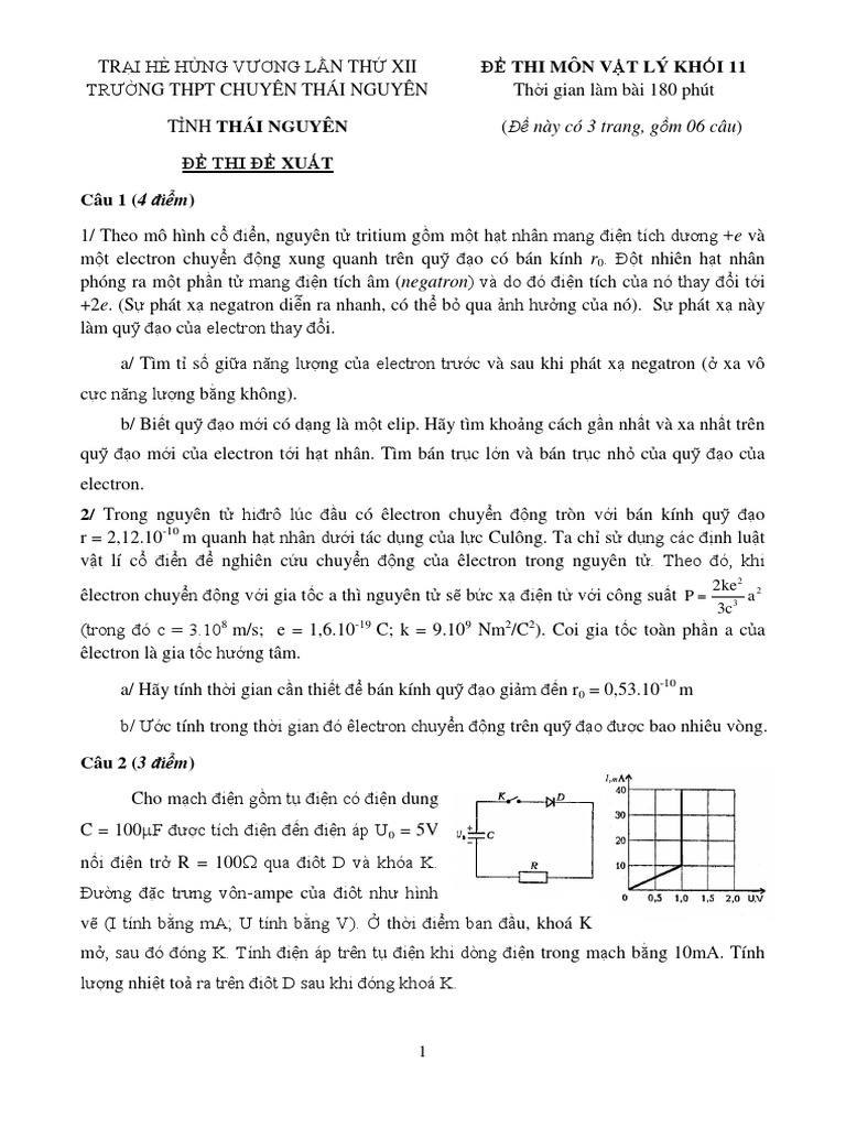 De Thi de Xuat Va Dap An Mon Vat Ly 11 Trai He Hung Vuong XII - THPT Chuyen Thai Nguyen | PDF