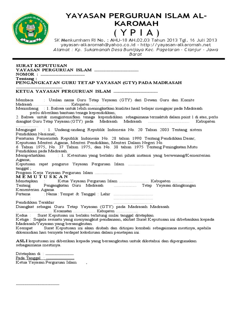 Contoh SK Guru Tetap Yayasan Madrasah Format | PDF