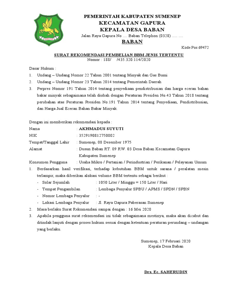 Surat Rekom BBM | PDF