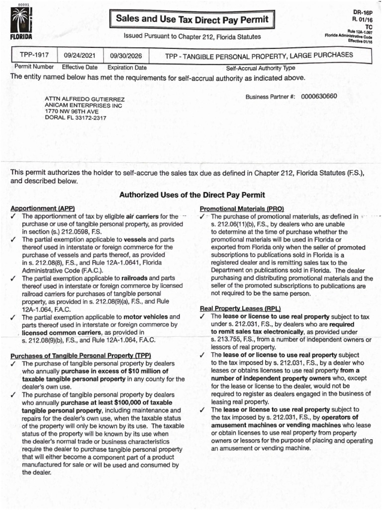 Sales and Use Tax Direct Pay Permit | PDF