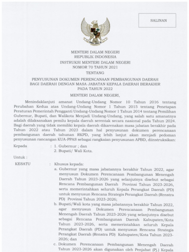 Instruksi Menteri Dalam Negeri No 70 Tahun 2022 Penyusunan Dokumen Perencanaan Pembangunan ...