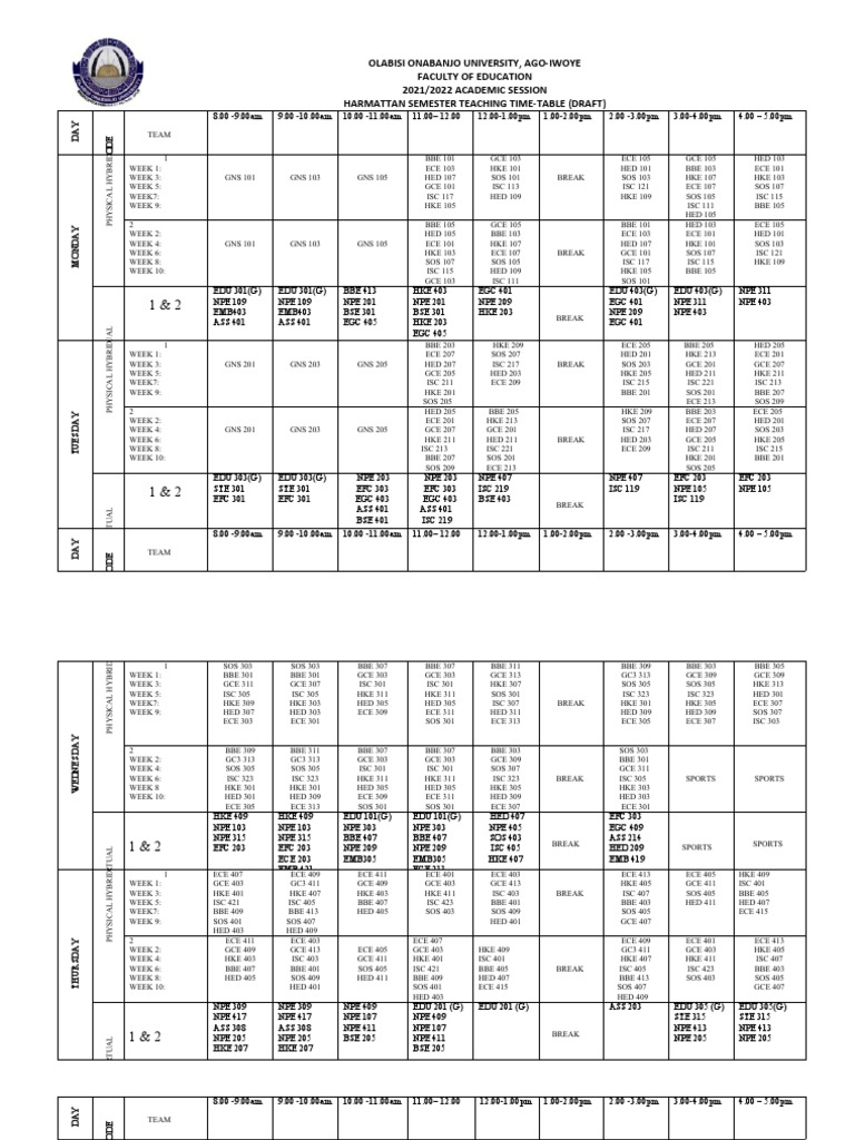 2021-2022 Harmattan Semester Teaching Timetable - Faculty of Edu | PDF ...