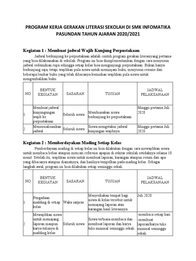 Program Literasi Sekolah Tahun Ajaran 2020 | PDF