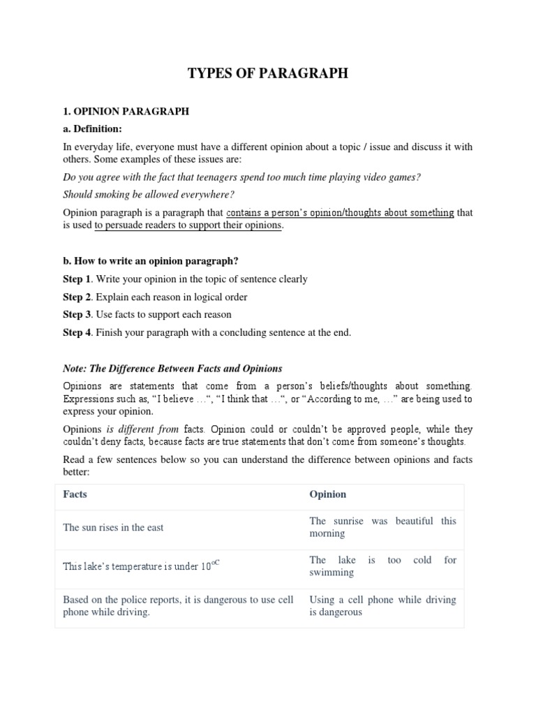 B1 Handout 13 Writing Types of Paragraph | PDF | Opinion