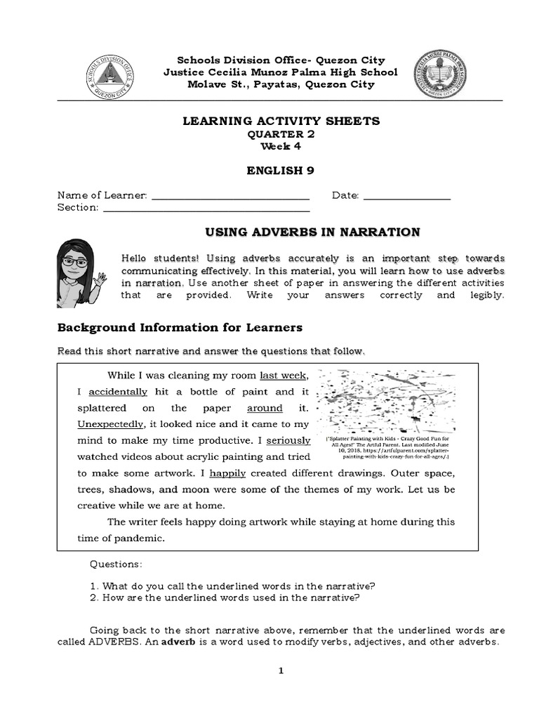 Using Adverbs in Narration: A Learning Activity Sheet on Enhancing ...