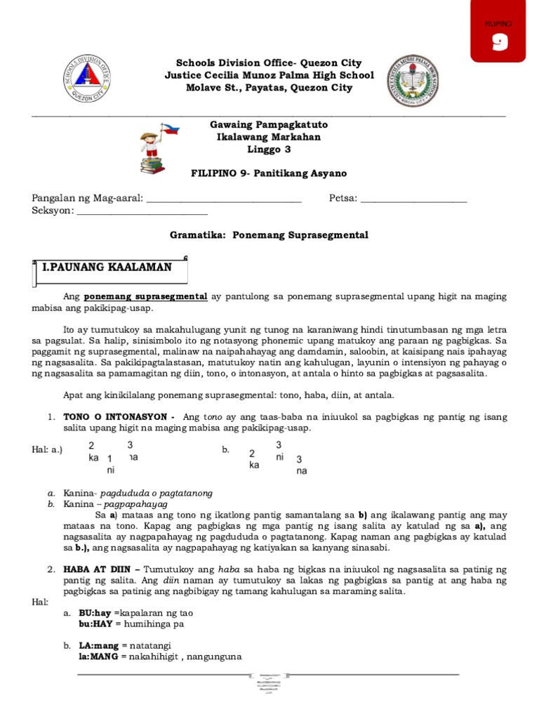 Filipino 9-LAS - Q2 - Aralin 2.3 - Ponemang Suprasegmental | PDF