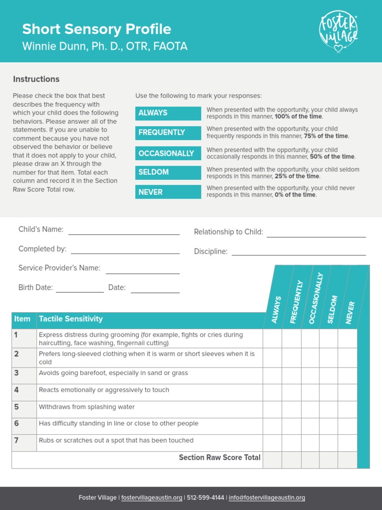 Short Sensory Profile FosterVillage | PDF | Senses | Neuropsychological ...