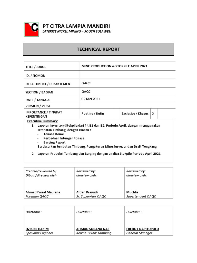 LAPORAN REKAPITULASI TONASE DAN INVENTORY STOKPILE PIT B1 APRIL 2021 | PDF