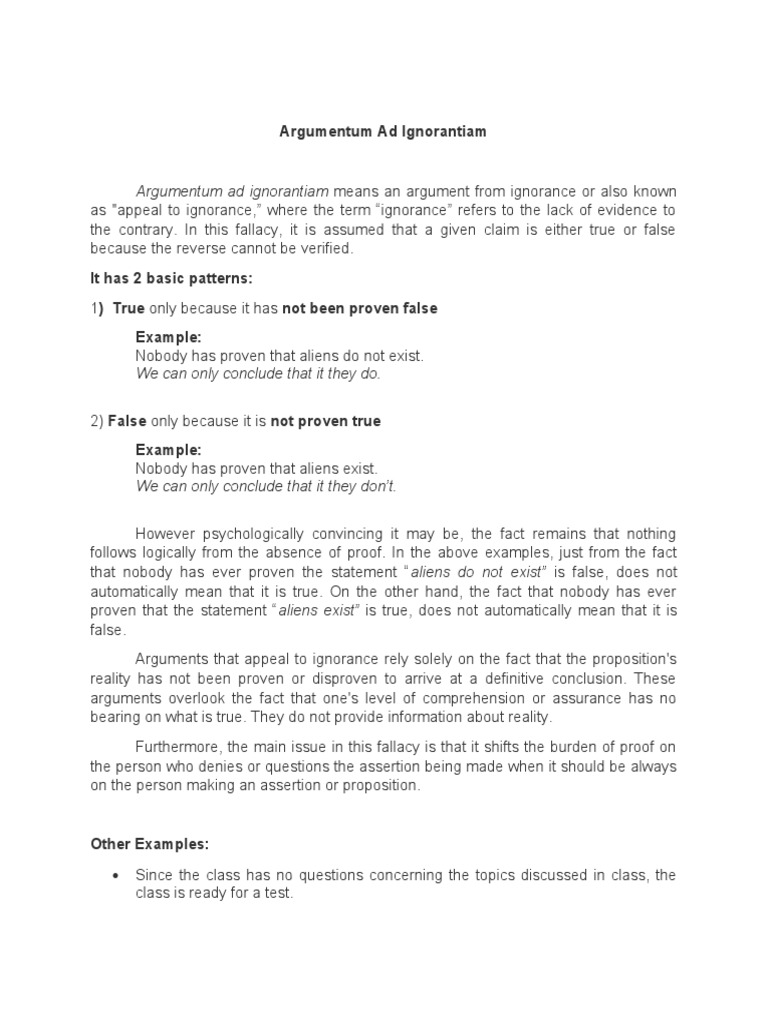 Argumentum Ad Ignorantiam Means An Argument From Ignorance or Also ...
