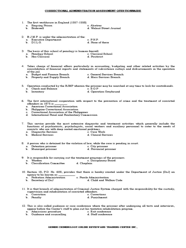 Correctional Administration Assessment Questionnaire: Gemini ...