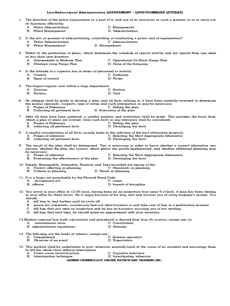 Law Enforcement Administration Questionnaire Q | PDF | Police | Espionage