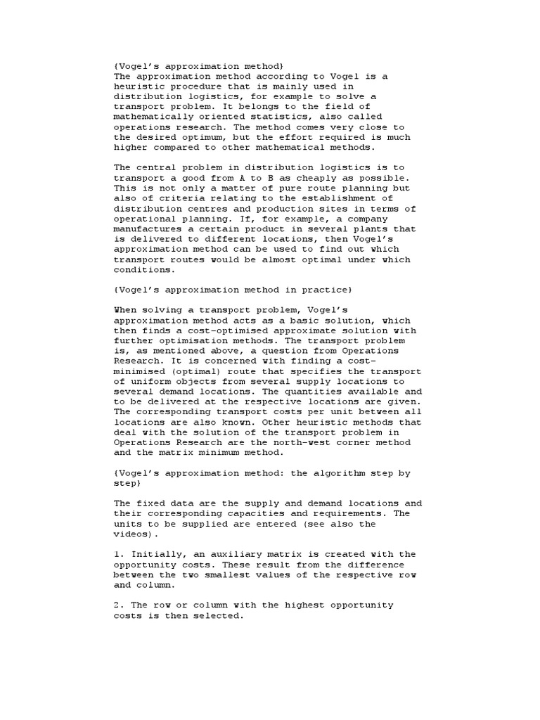 Vogel's Approximation Method Explained | PDF | Mathematical ...