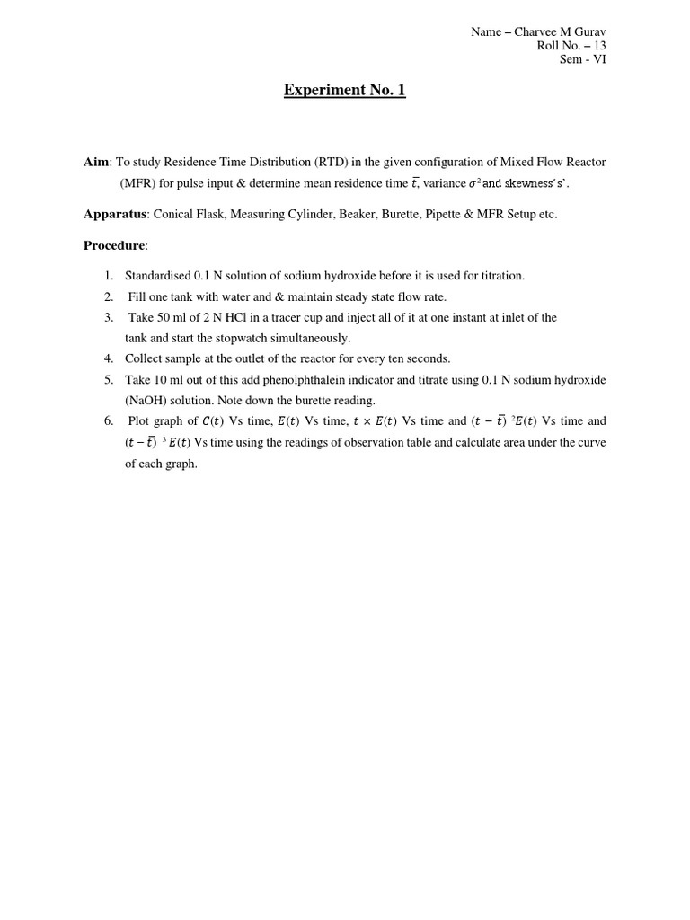 Experiment No. 1 (CRE II - RTD MFR (Pulse) ) | PDF | Titration | Chemistry