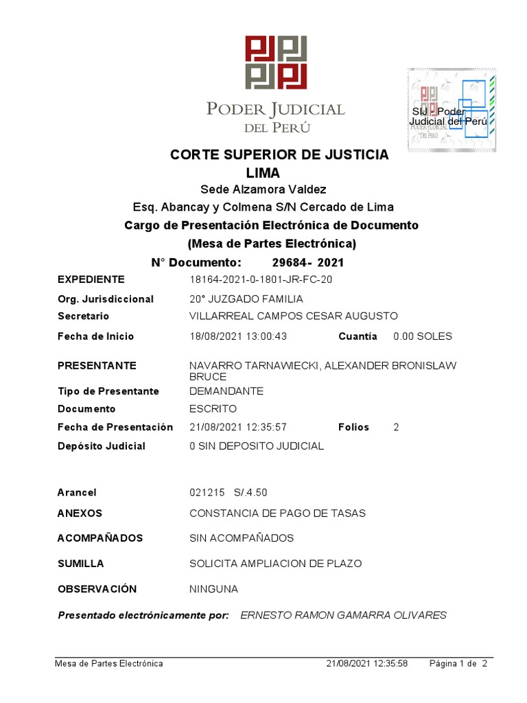 Escrito N° Doc 29684-2021; 21 AGO 2021. Solicitud de ampliación de plazo. Exp. n.° 18164-2021-0 ...