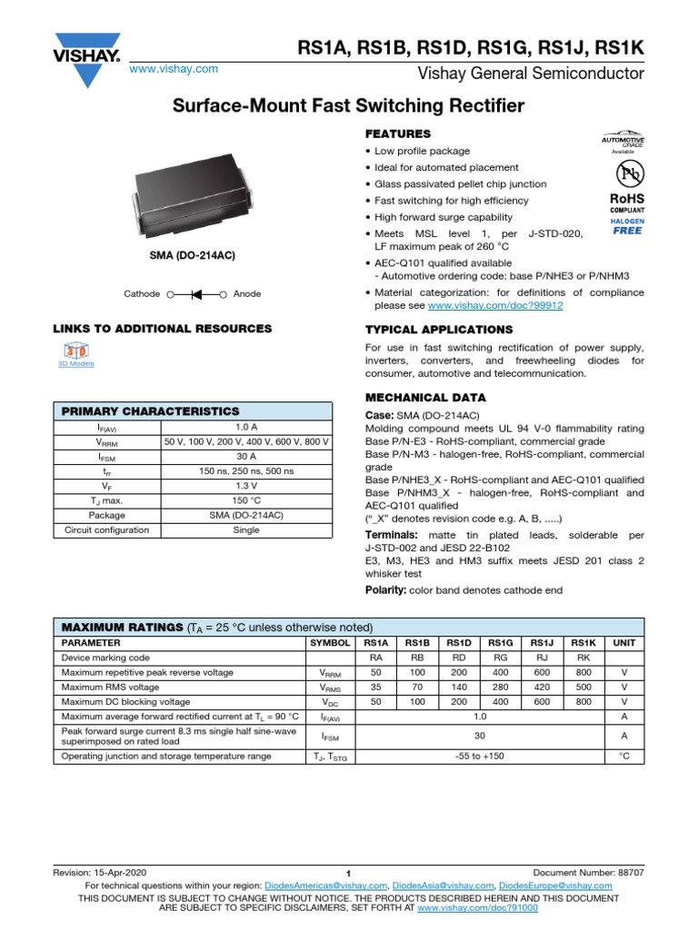 Rs1A, Rs1B, Rs1D, Rs1G, Rs1J, Rs1K: Vishay General Semiconductor | PDF | Rectifier | Legal Liability