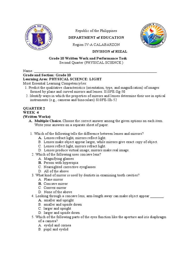 Grade-10 Q2 WW4 Science | PDF | Mirror | Electrodynamics