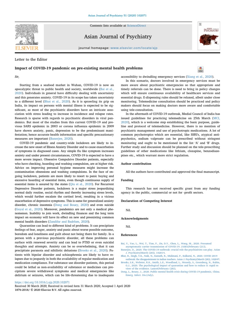 Asian Journal of Psychiatry: Letter To The Editor | PDF | Mental ...